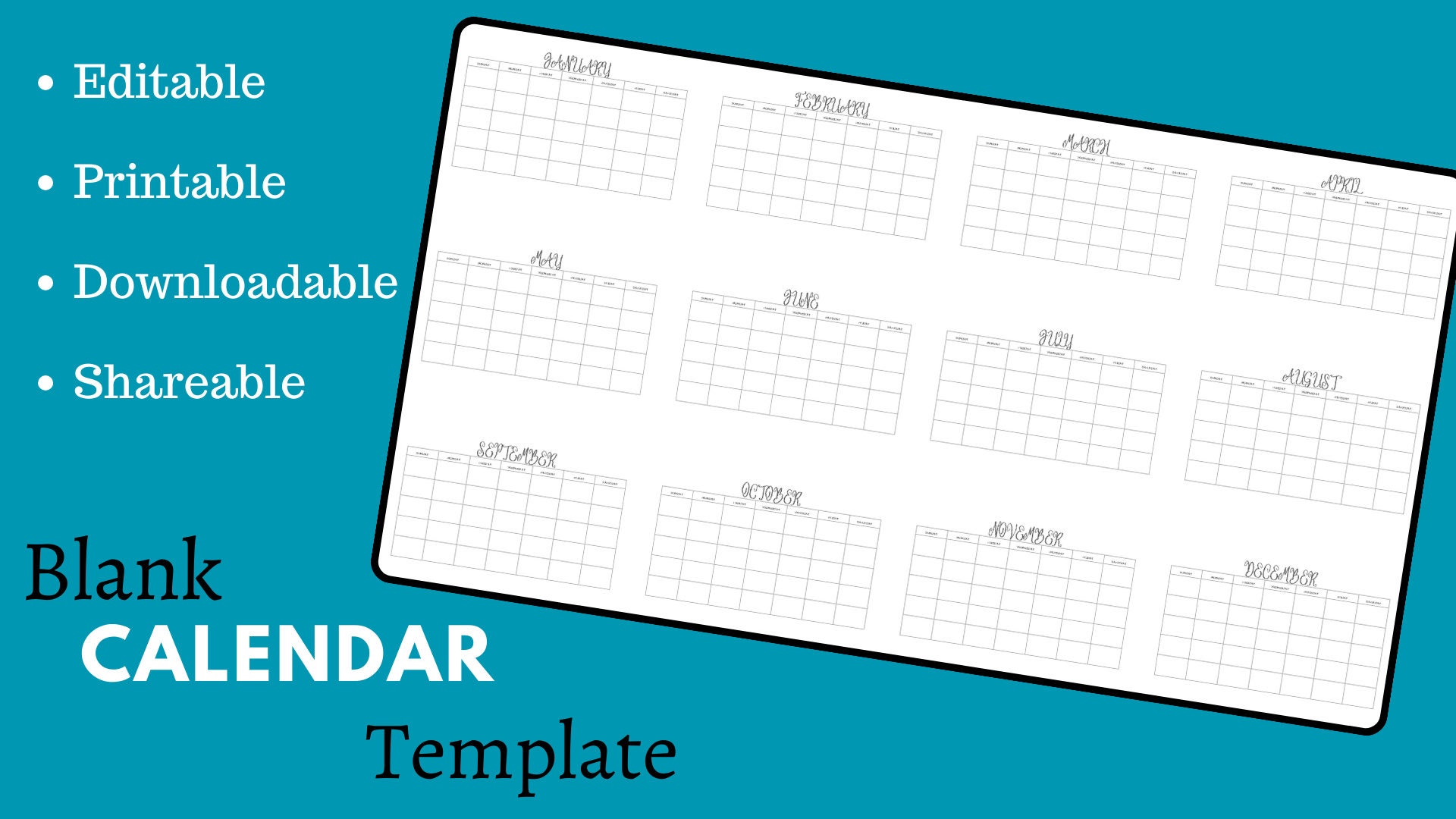 Minimalist Blank Calendar Printable Undated 12-month Editable Canva ...