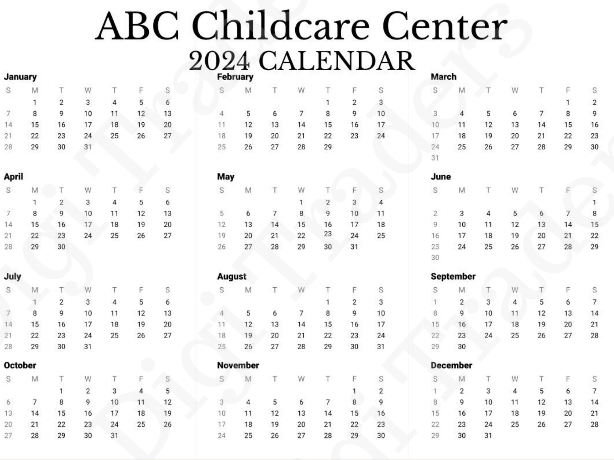 2024 Closure Calendar Template With Days the Business is Closed ...