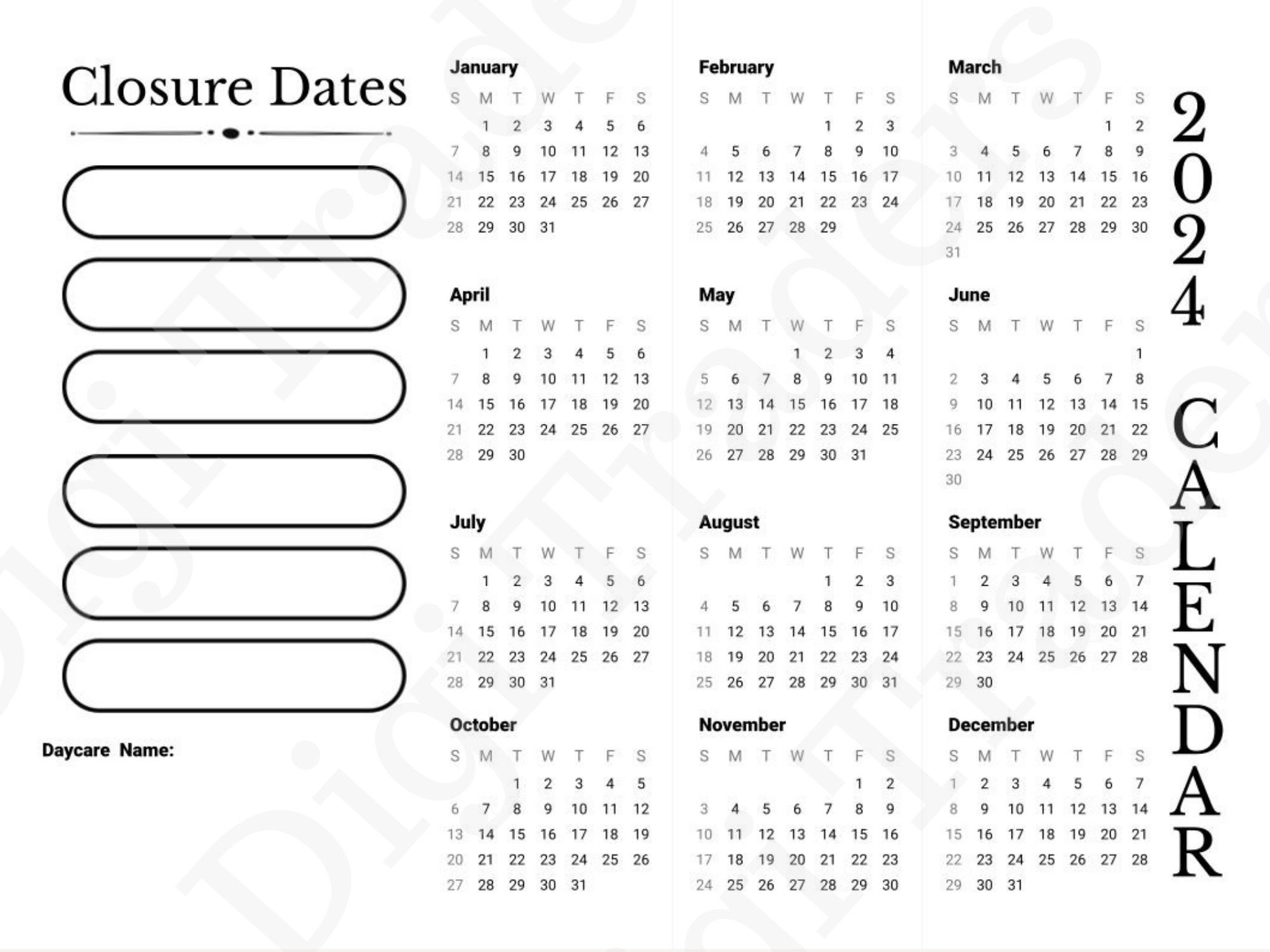 2024 Closure Calendar Template With Days the Business is Closed ...