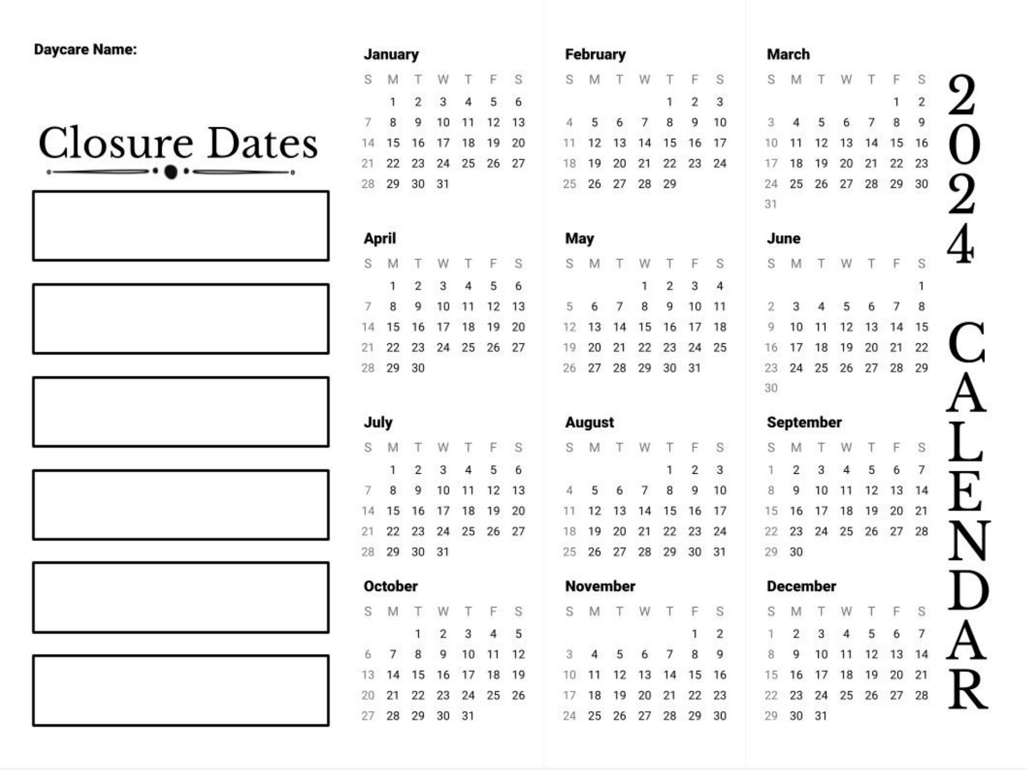 2024 Closure Calendar Template With Days the Business is Closed ...