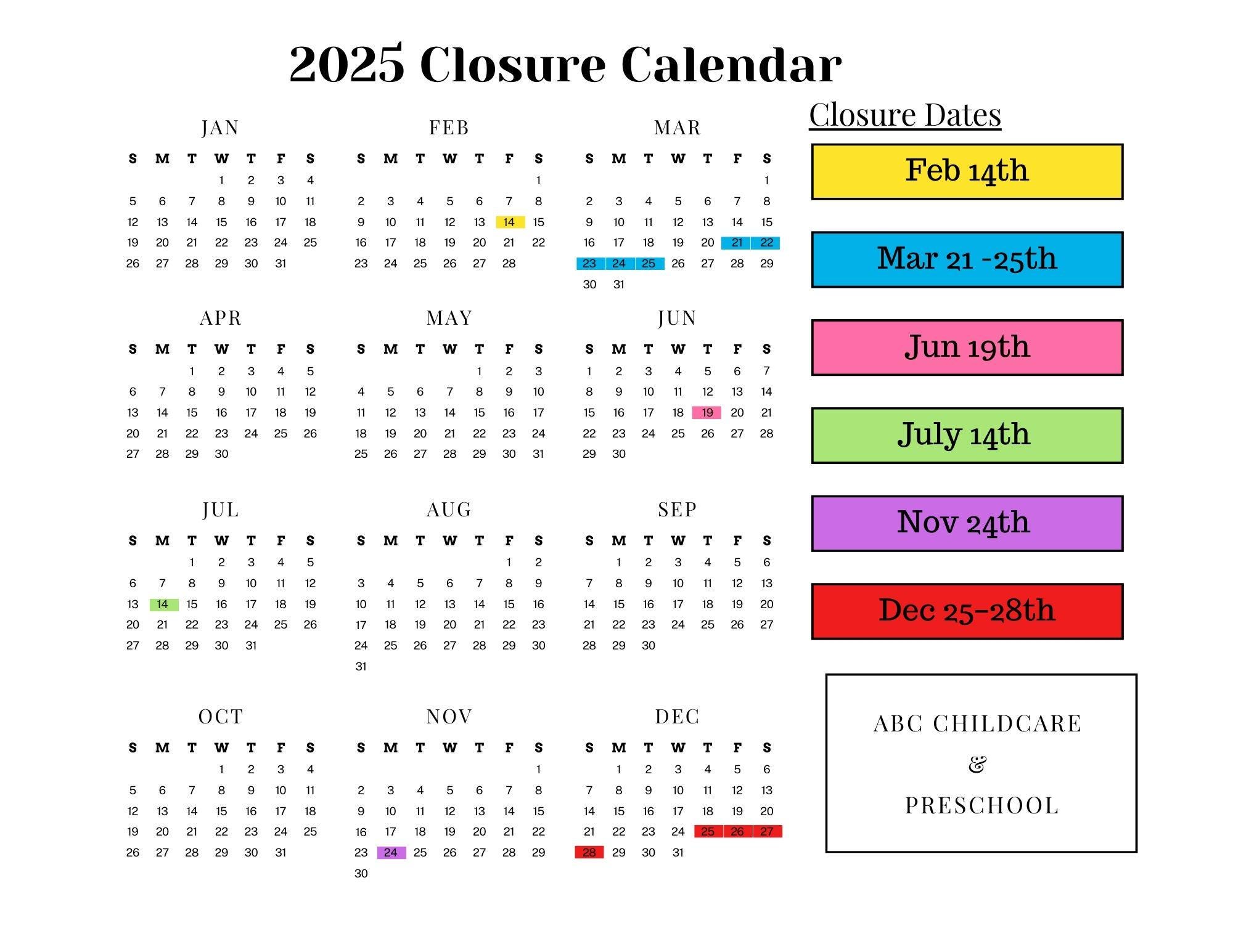 FREE!!! 2024 Holiday Closure Calendar Template With Purchase of 2025 ...
