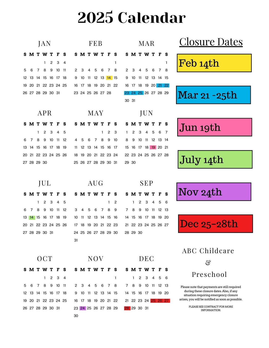 FREE!!! 2024 Holiday Closure Calendar Template With Purchase of 2025 ...
