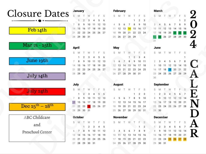 2024 Closure Calendar Template With Days the Business is Closed ...
