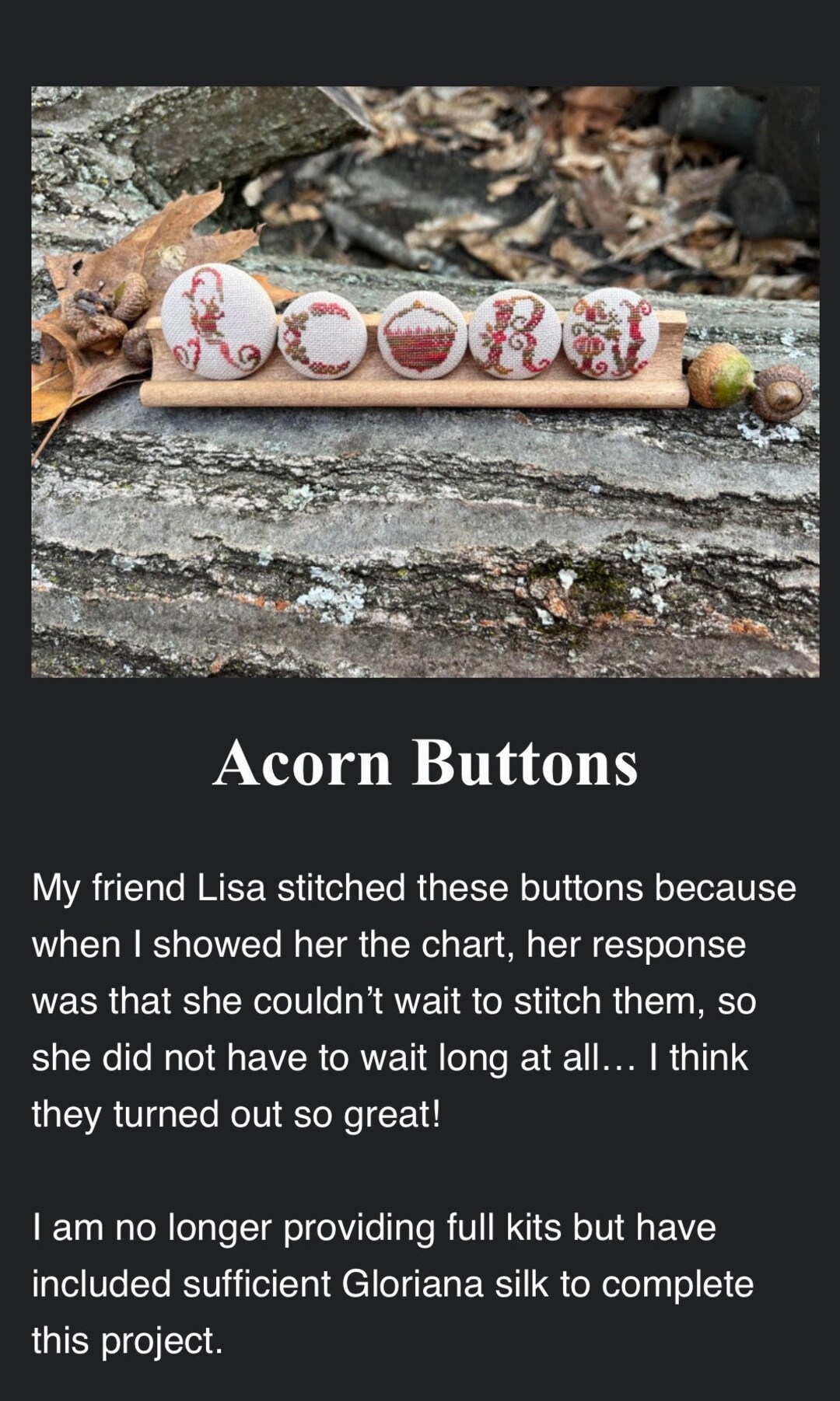 Acorn Buttons Pattern Including Gloriana Silk by Running With Needles ...