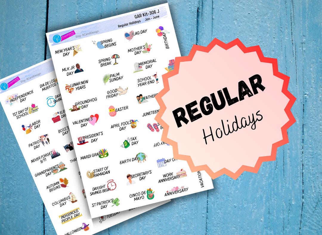 YEARLY HOLIDAY REMINDER Stickers Cute U.S. Holiday Stickers for ...