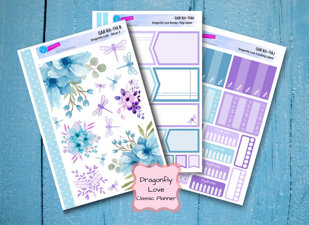 DRAGONFLY FLORAL STICKERS Blue & Purple Spring Stickers Planner Layout ...