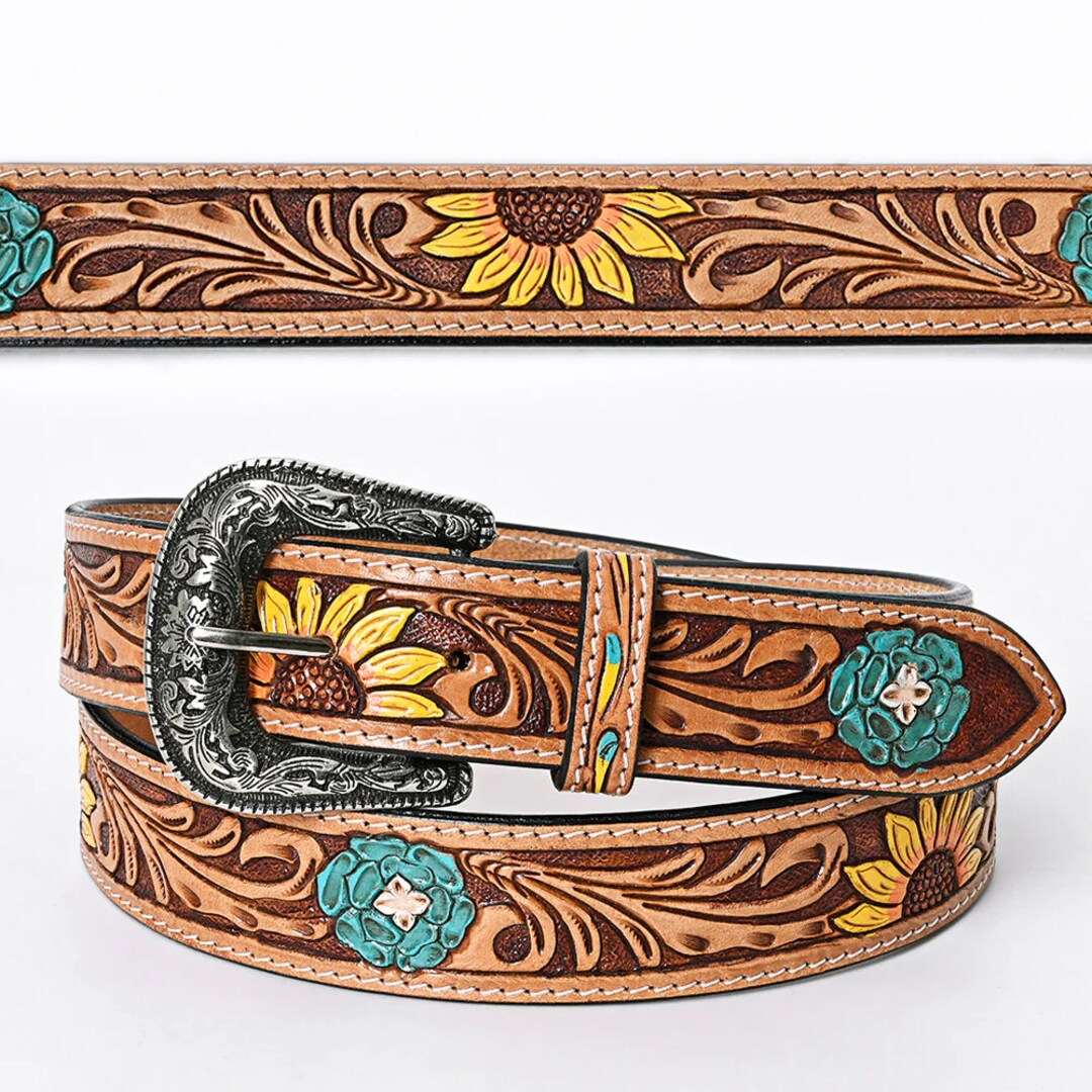 Womens Western Hand Tooled Leather Belt, Rodeo Belt, Embossed Leather ...