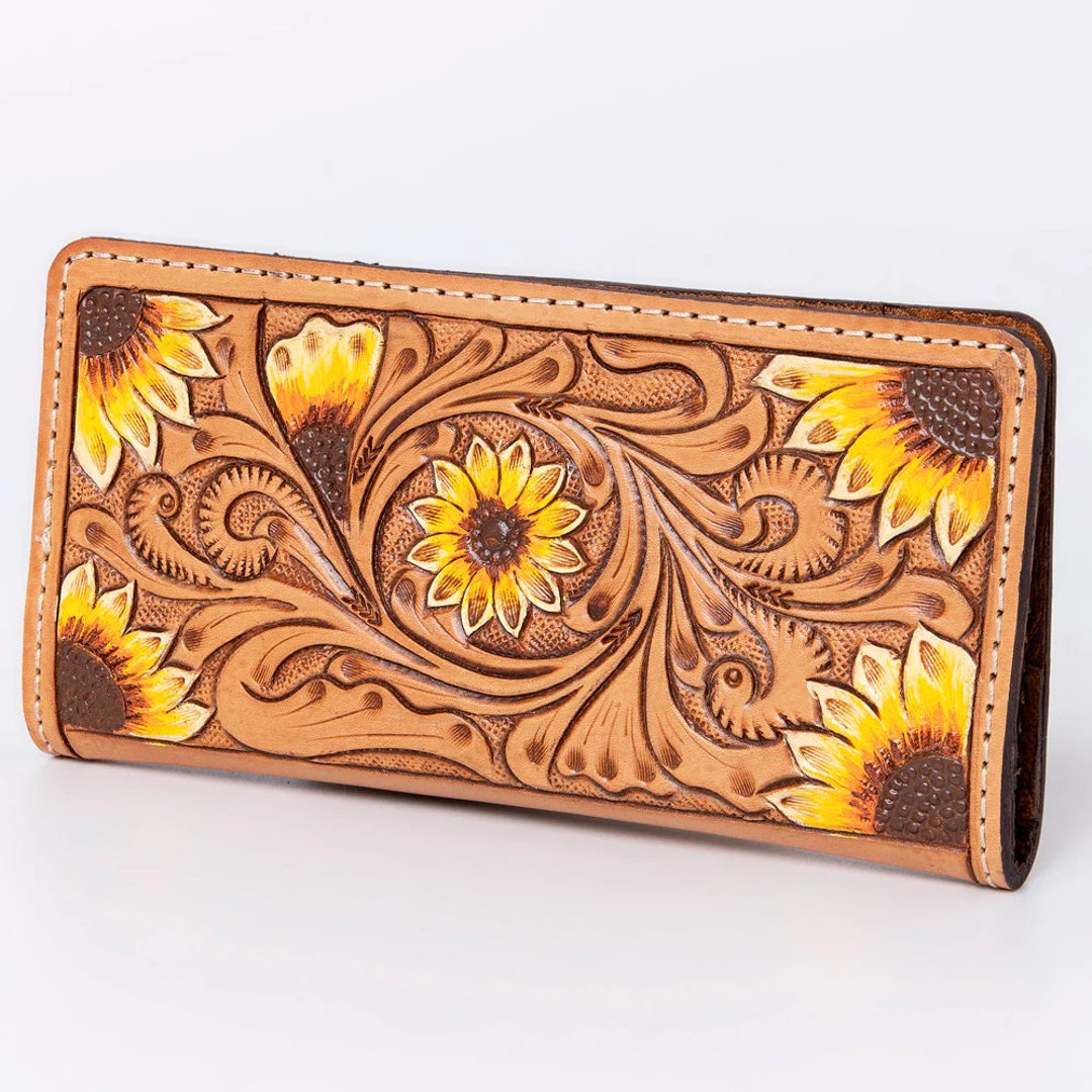 Western Hand Tooled Leather Wallet, Hand Painted Sunflower Leather ...