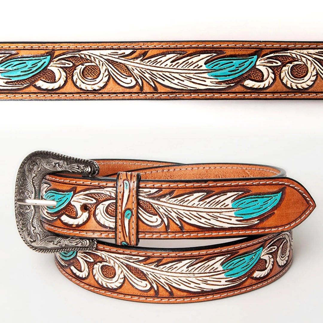 Womens Western Hand Tooled Leather Belt, Rodeo Belt, Embossed Leather ...