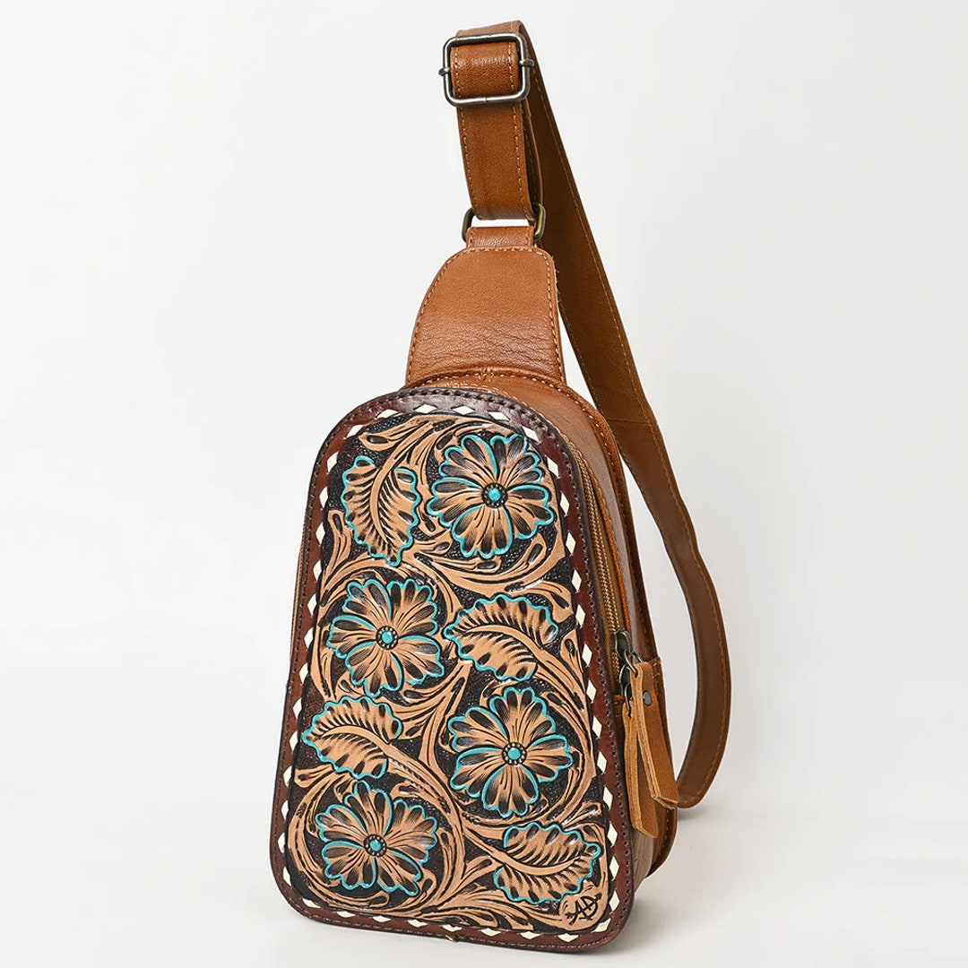 Leather Sling Bag Women, Hand Tooled Leather Sling Purse, Leather Sling ...