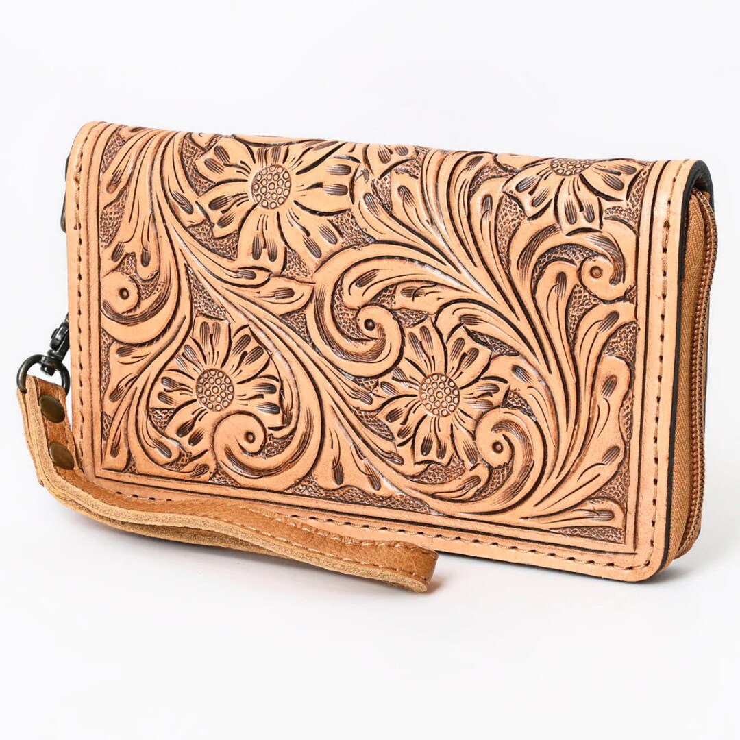 Western Hand Tooled Leather Wallet Purse, Western Buck Stitch Wallet ...