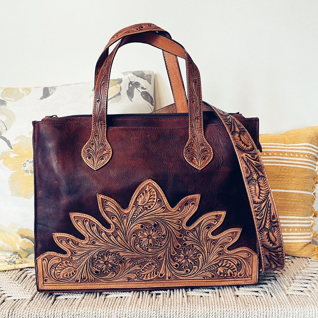 Western Hand Tooled Leather Purse, Western Tote Bag, Cowhide Purse ...
