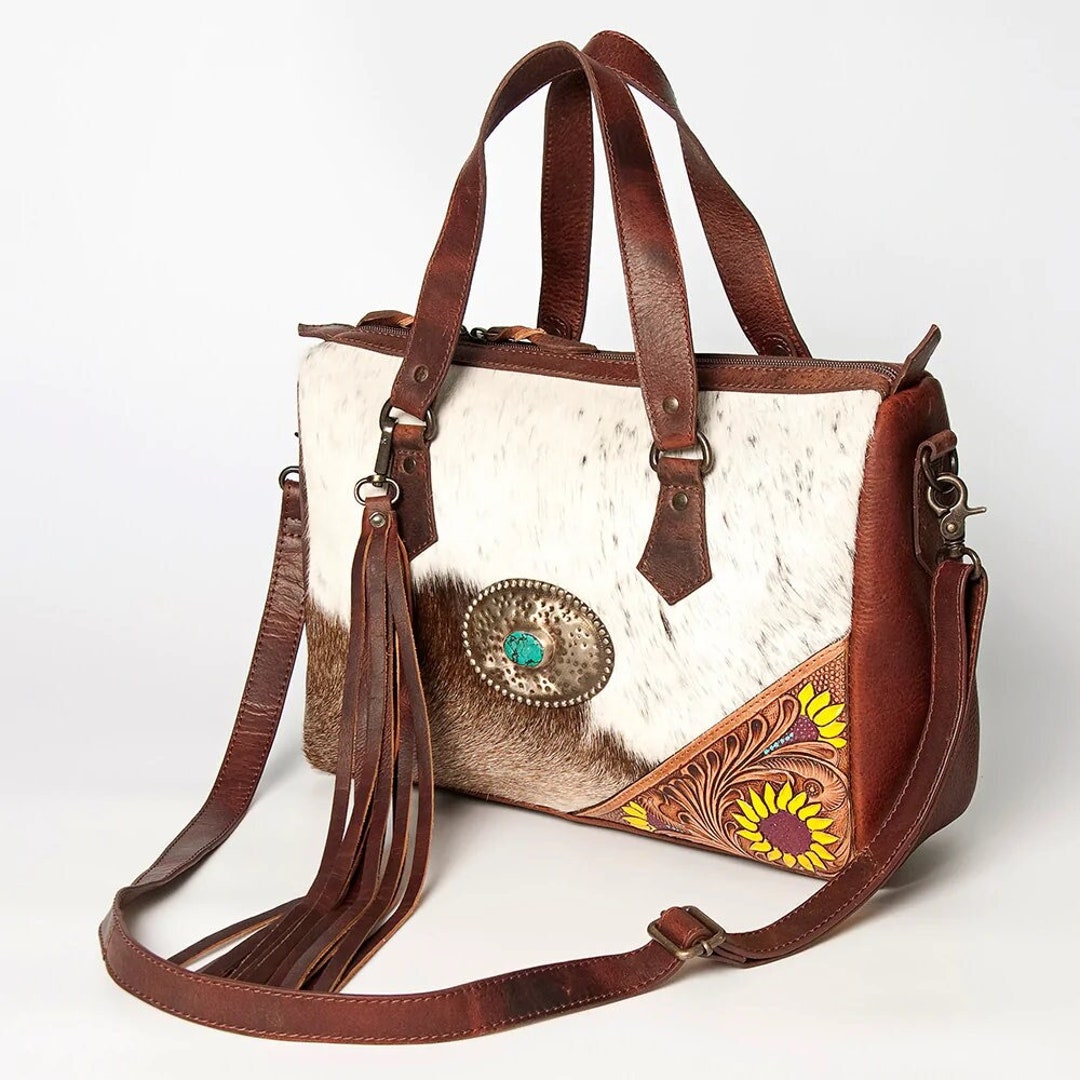 Western Hand Tooled Leather Purse, Western Tote Bag, Hair on Cowhide ...