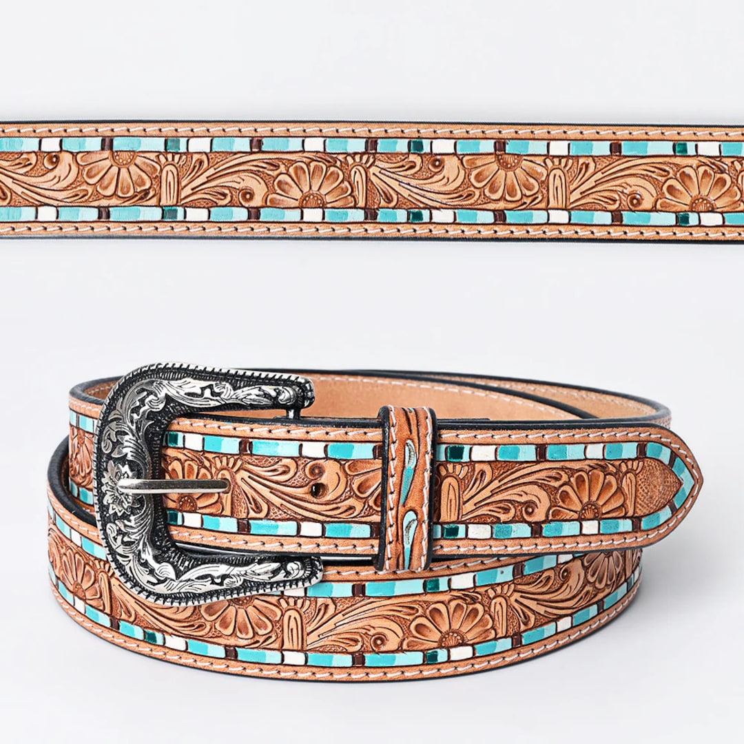 Womens Western Hand Tooled Leather Belt, Rodeo Belt, Embossed Leather ...