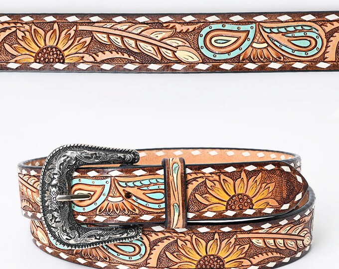 Womens Western Hand Tooled Leather Belt, Rodeo Belt, Embossed Leather ...