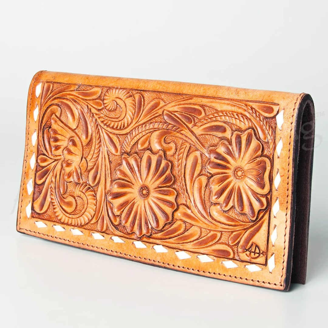 Western Hand Tooled Leather Wallet Purse, Western Buck Stitch Wallet ...