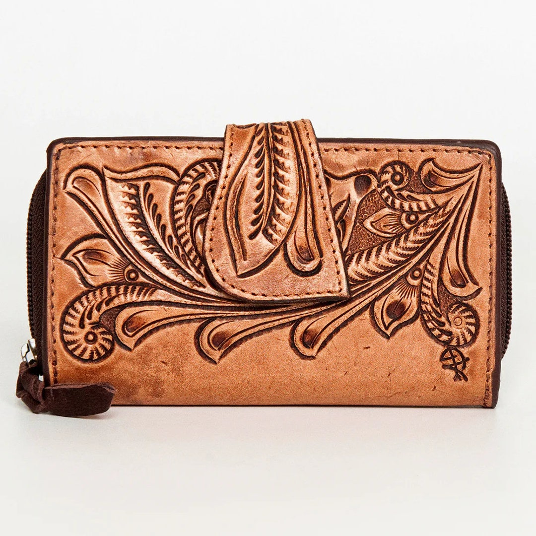 Western Hand Tooled Leather Wallet Purse, Leather Zipper Wallet ...