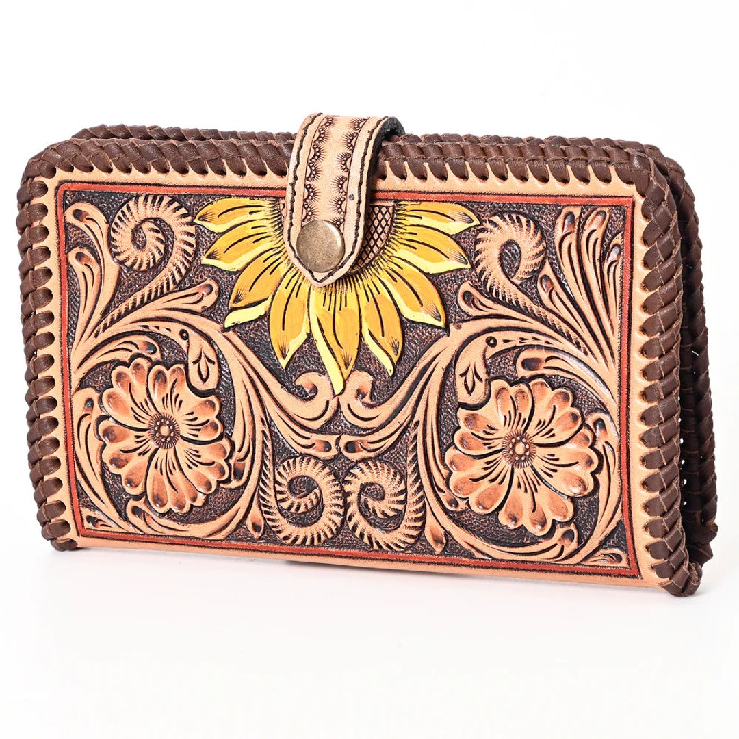 Western Hand Tooled Leather Wallet Purse, Western Buck Stitch Wallet ...