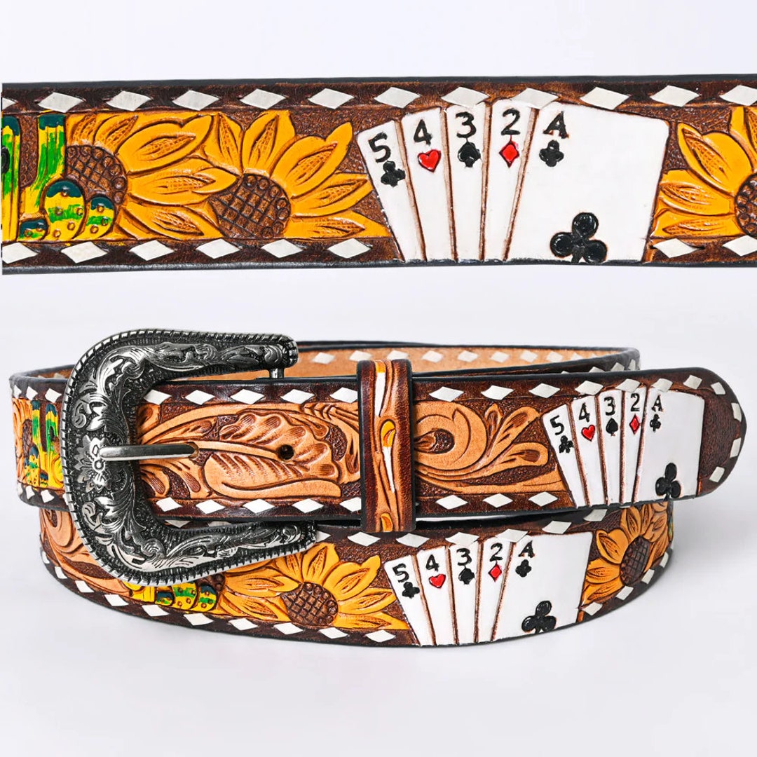 Womens Western Hand Tooled Leather Belt, Rodeo Belt, Embossed Leather ...