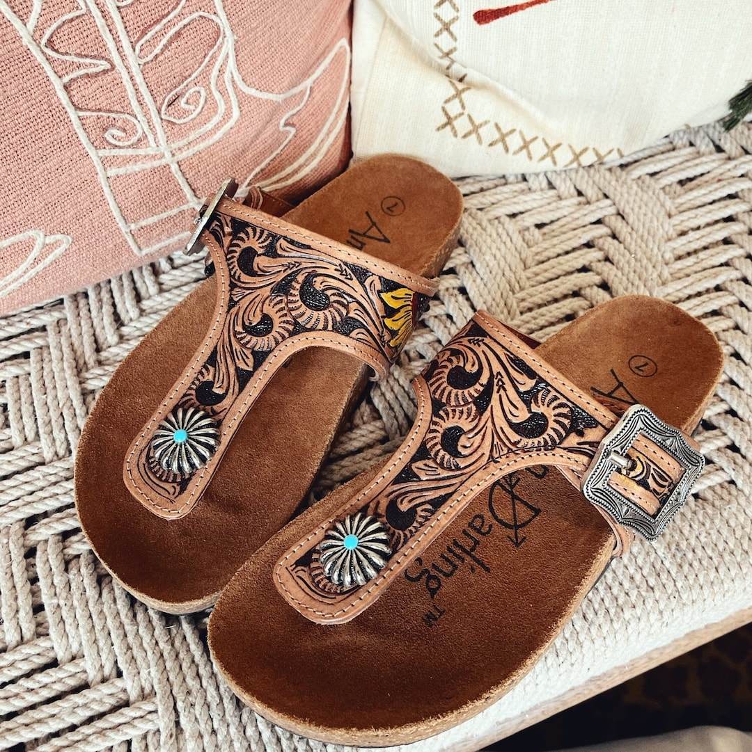 Leather Sandals, Slip on Women Leather Sandals, Hand Tooled Leather ...