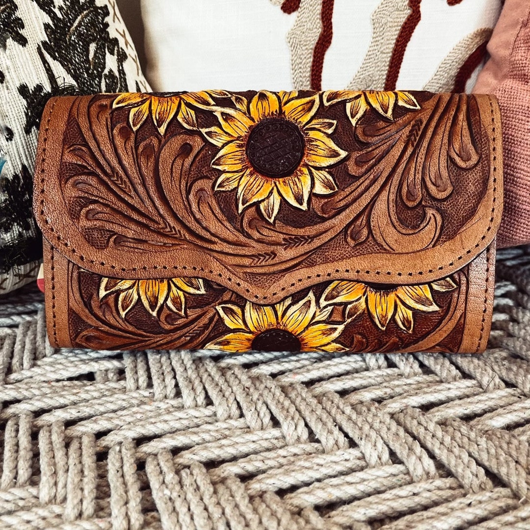Western Hand Tooled Leather Wallet Purse, Leather Crossbody Purse ...