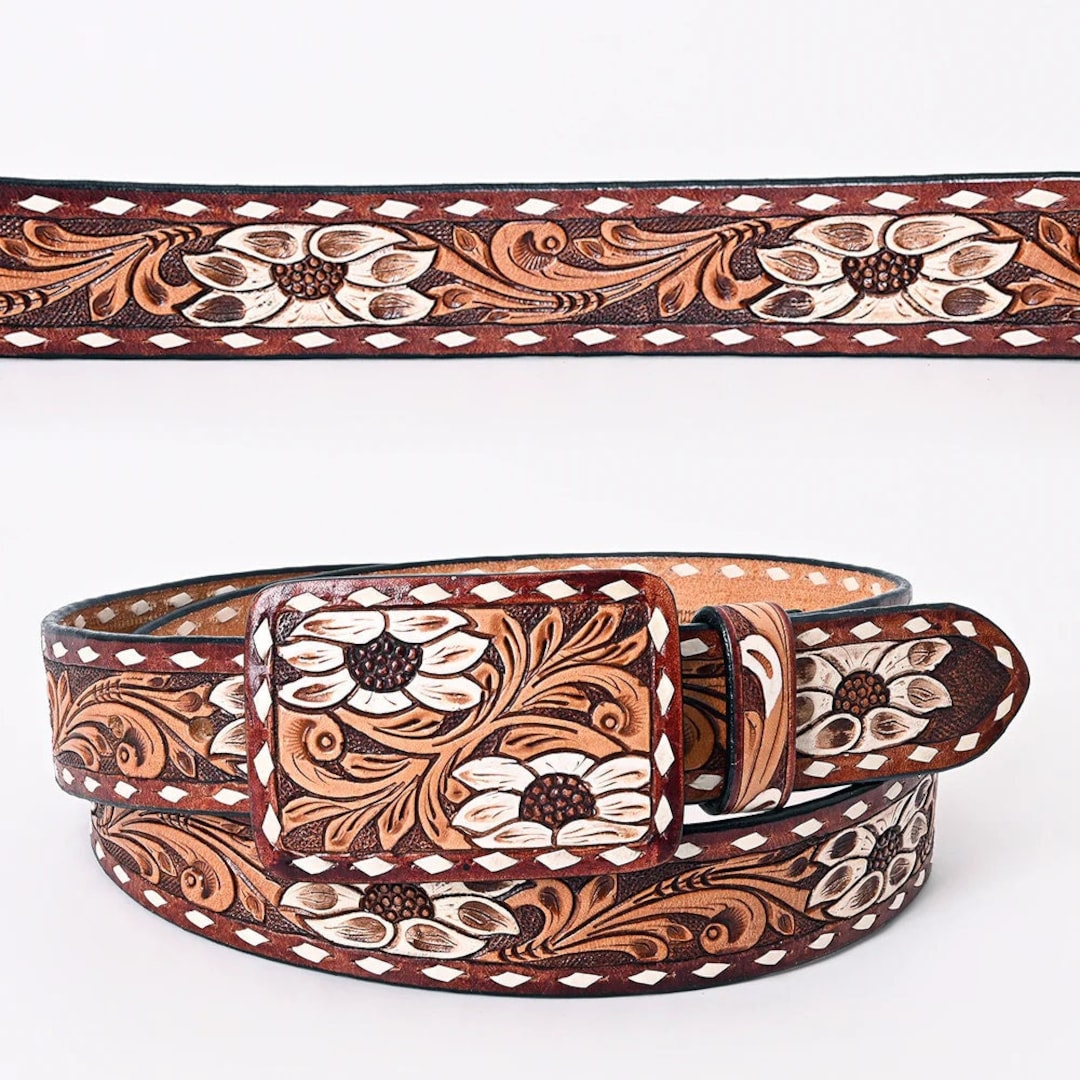 Womens Western Hand Tooled Leather Belt, Rodeo Belt, Embossed Leather ...