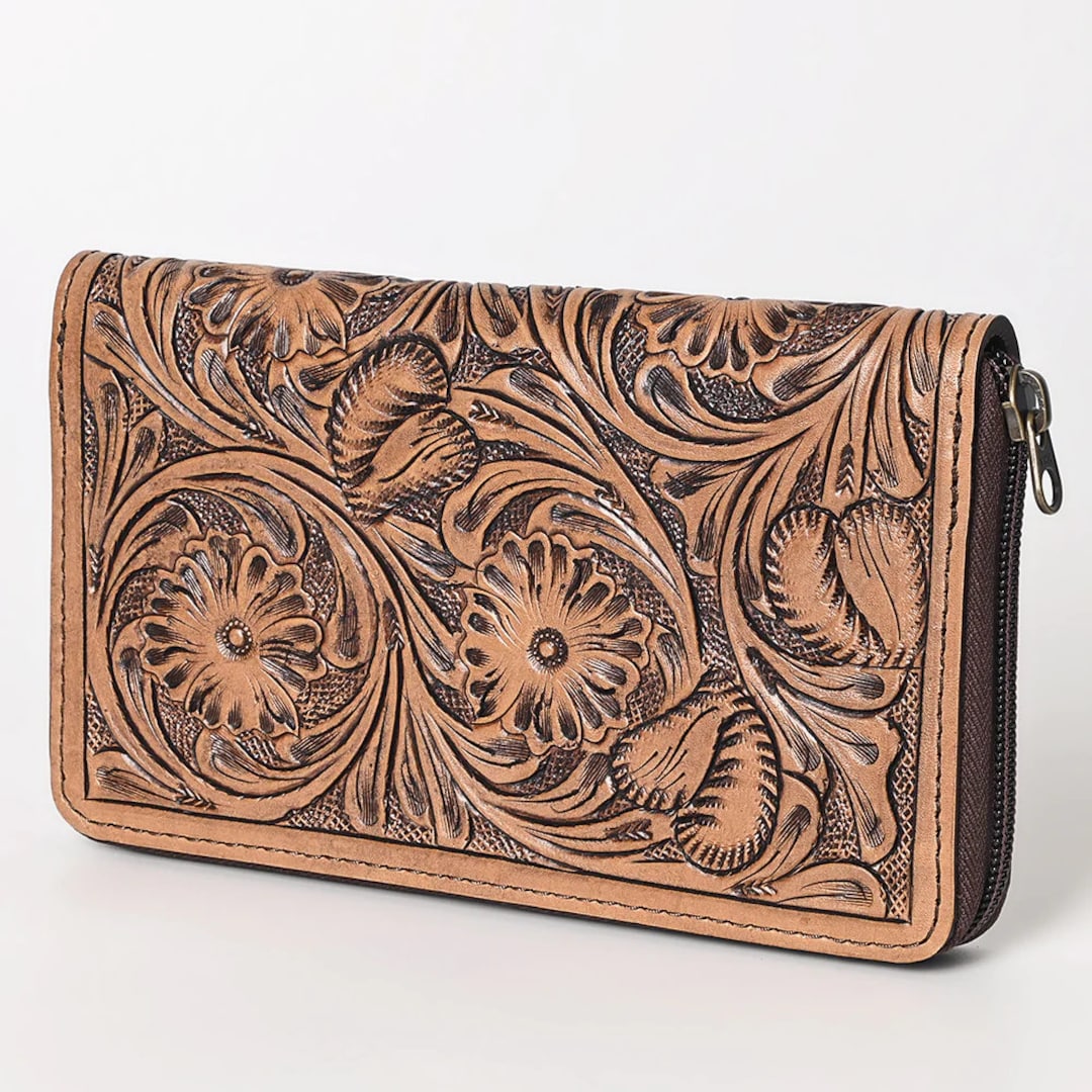 Western Hand Tooled Leather Wallet, Genuine Leather Wallet, Zipper ...
