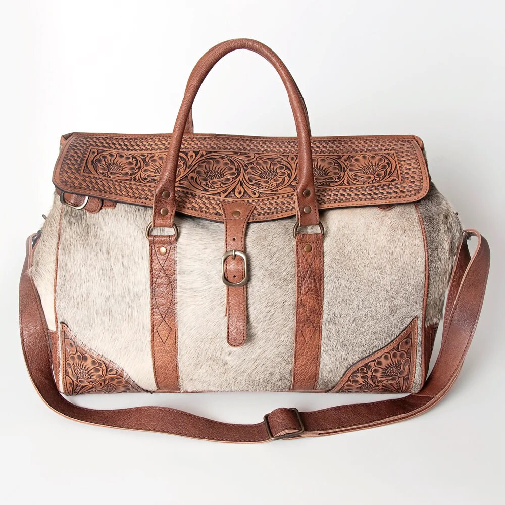 Western Duffel Hand Tooled Leather Duffel Cowhide Duffel - Etsy