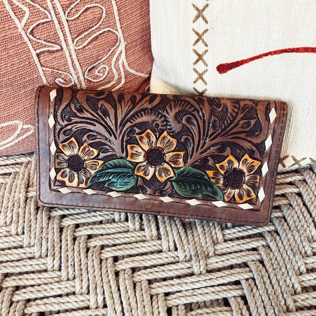Western Hand Tooled Leather Wallet Purse, Western Buck Stitch Wallet ...
