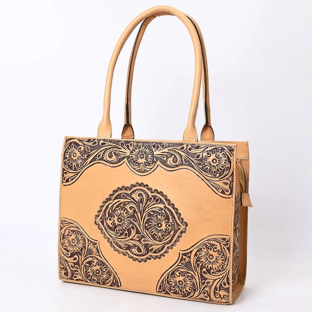 Western Hand Tooled Leather Purse, Western Tote Bag, Tan Leather ...