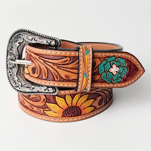Womens Western Hand Tooled Leather Belt, Rodeo Belt, Embossed Leather ...