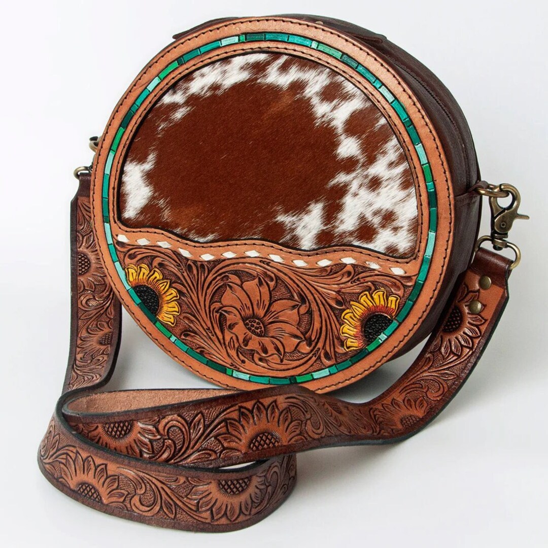 Western Hand Tooled Leather Canteen Purse, Round Leather Purse, Hand ...
