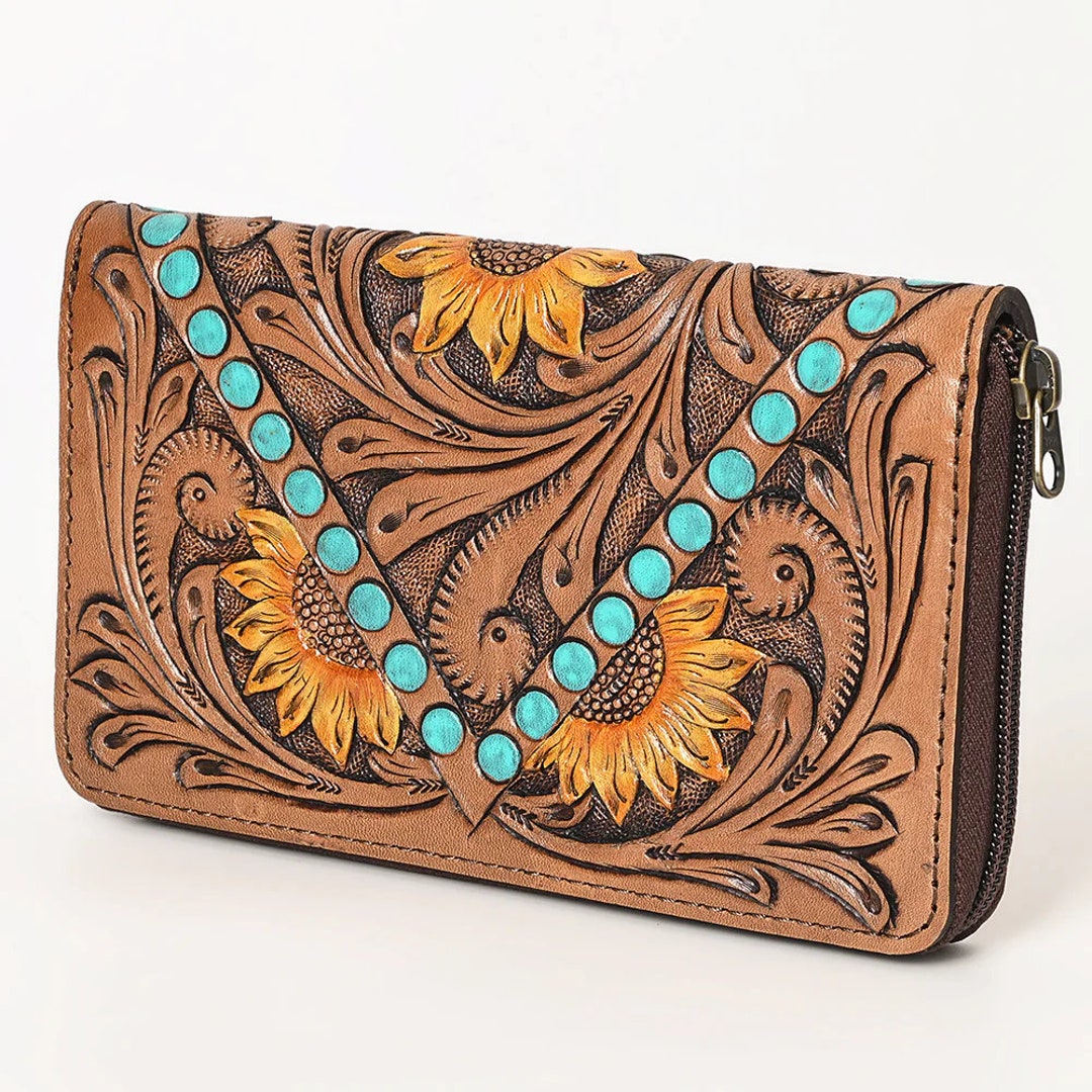 Western Hand Tooled Leather Wallet, Genuine Leather Wallet, Zipper ...