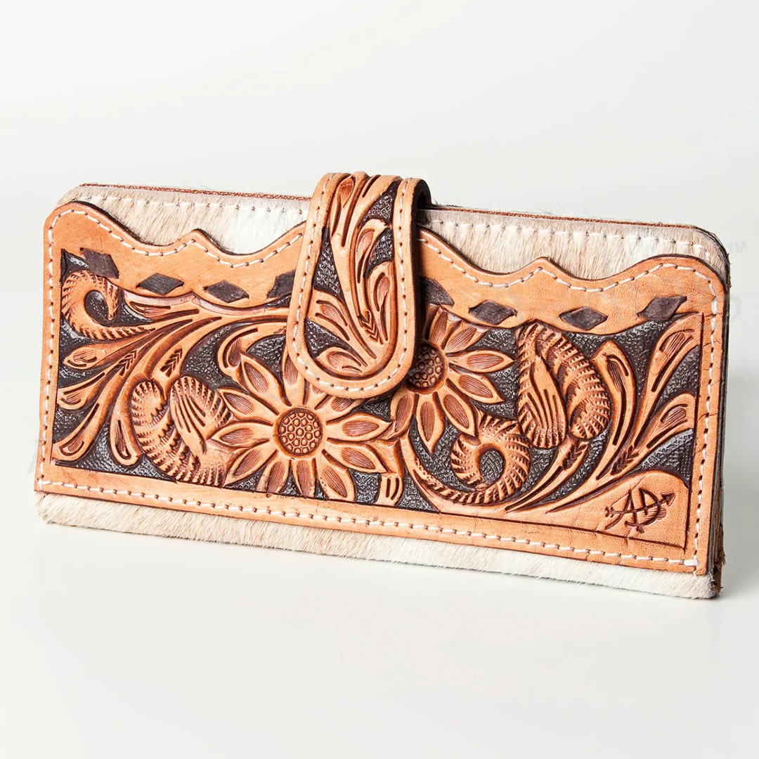 Western Leather Wallet , Hand Tooled Leather Wallet, Hair on Cowhide ...
