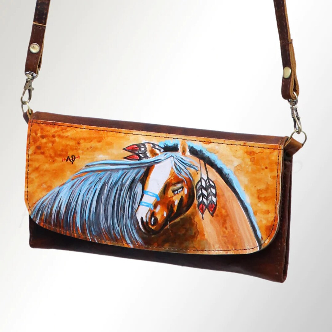 Western Leather Wallet Purse, Hand Painted Leather Wallet, Crossbody ...