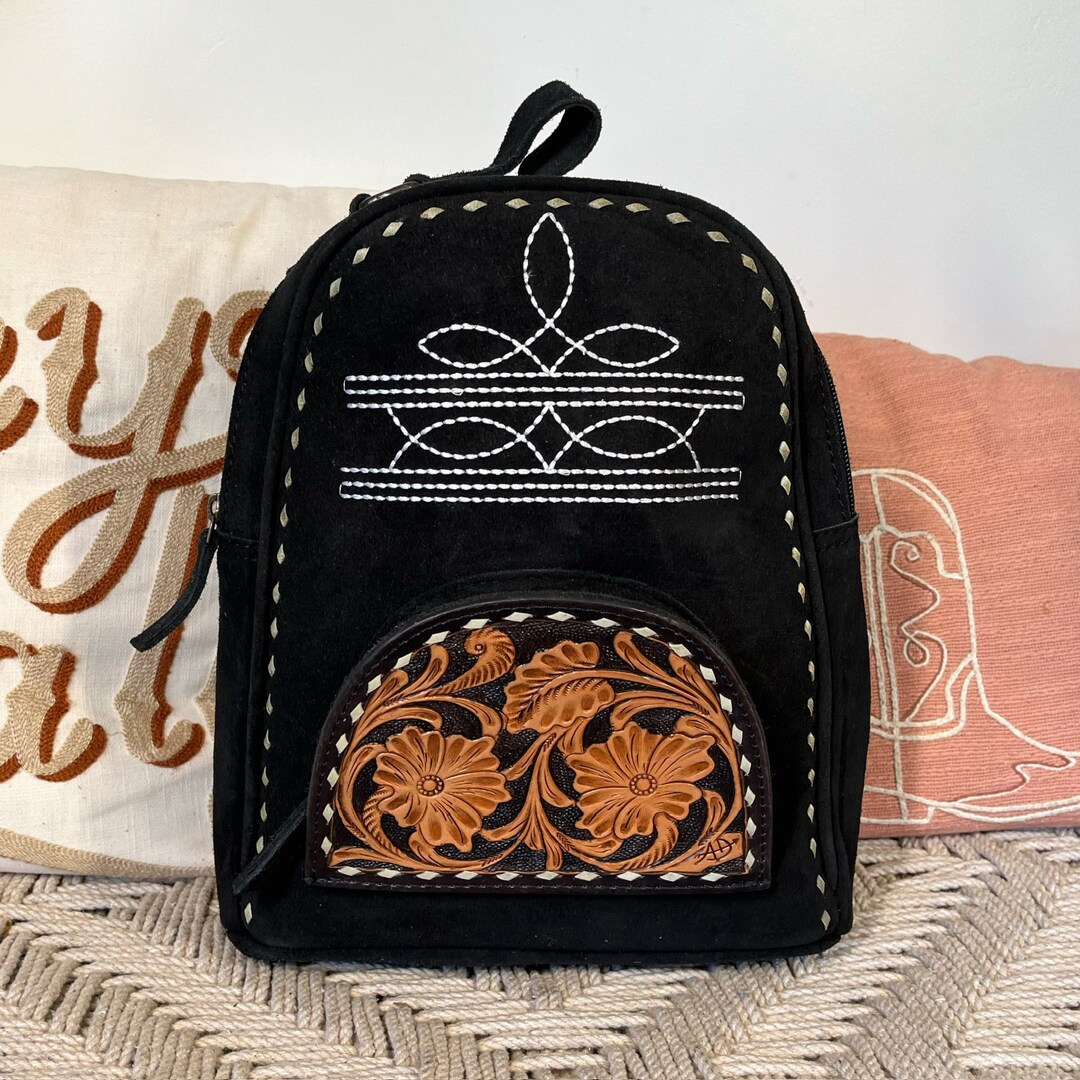 Leather Backpack Women, Hand Tooled Leather Backpack Purse, Suede ...