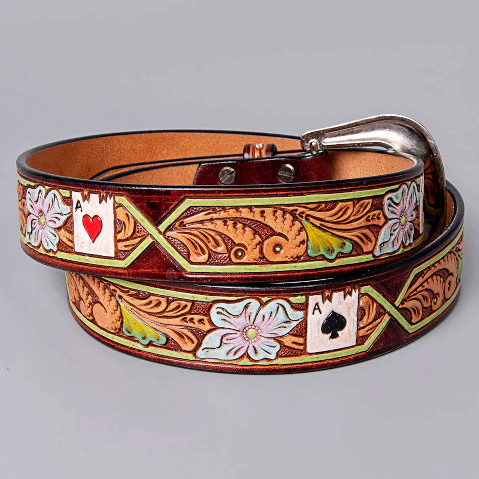 Womens Western Hand Tooled Leather Belt, Rodeo Belt, Embossed Leather ...