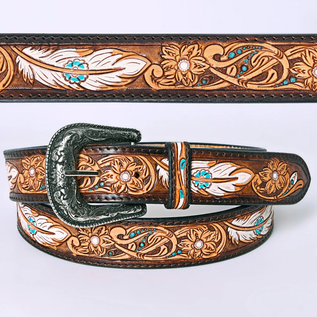 Womens Western Hand Tooled Leather Belt Rodeo Belt Embossed - Etsy