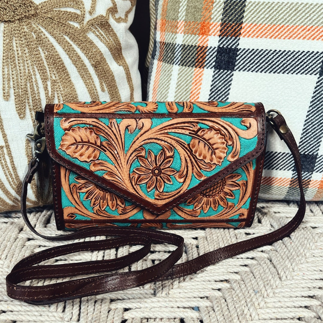 Western Hand Tooled Leather Wallet, Leather Clutch Purse, Cowhide Purse ...