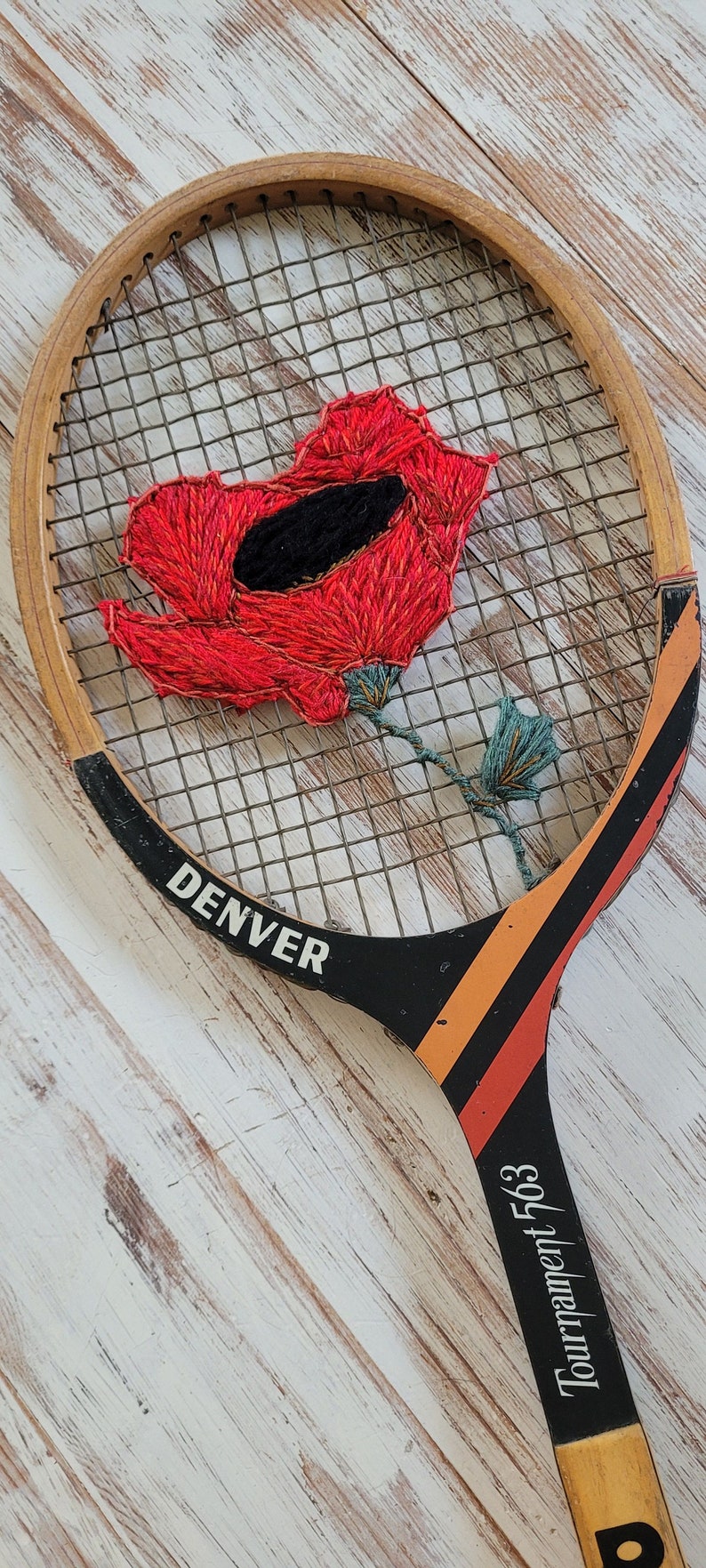 Vintage Wooden Racket Embroidered With a Flower - Etsy