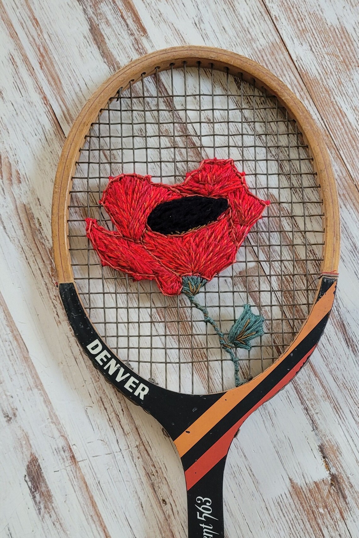 Vintage Wooden Racket Embroidered With a Flower - Etsy