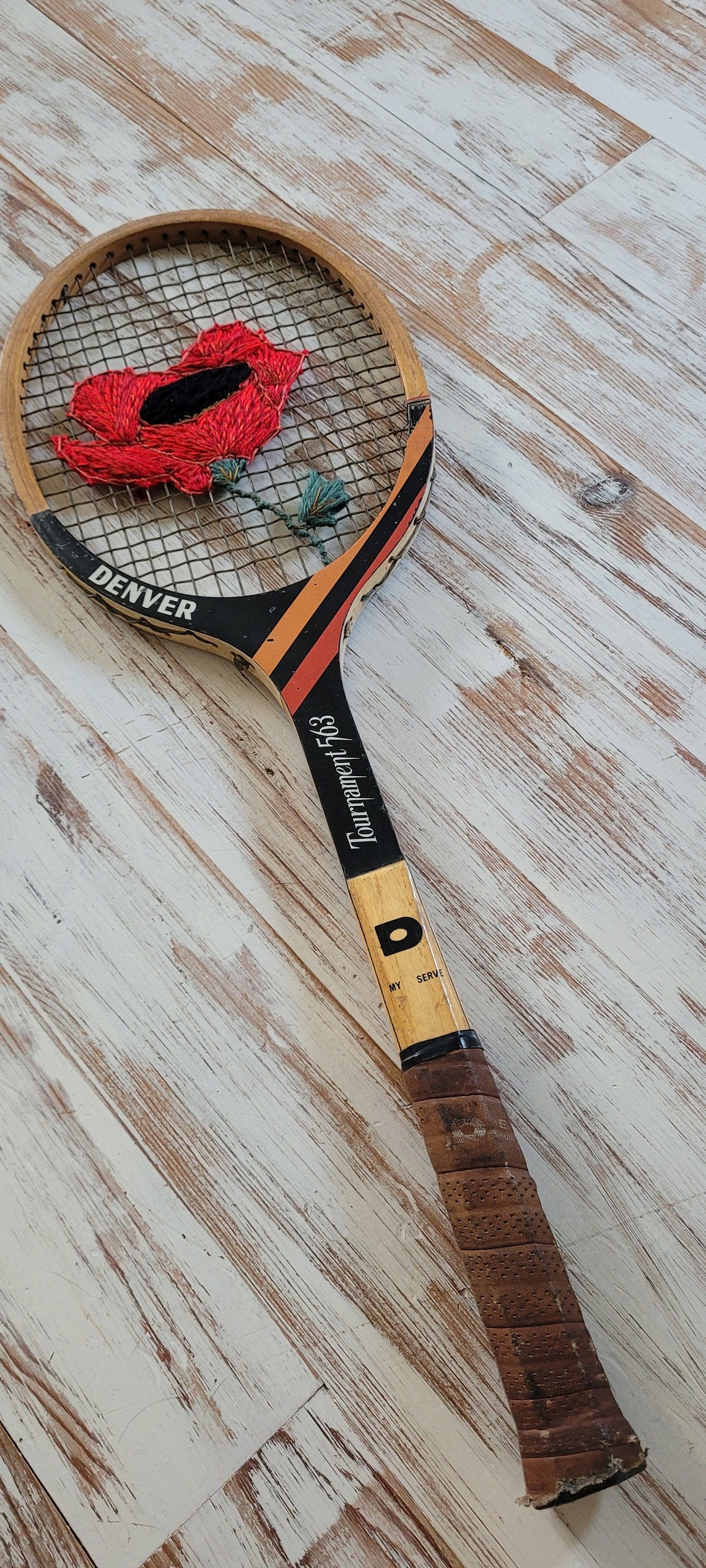 Vintage Wooden Racket Embroidered With a Flower - Etsy