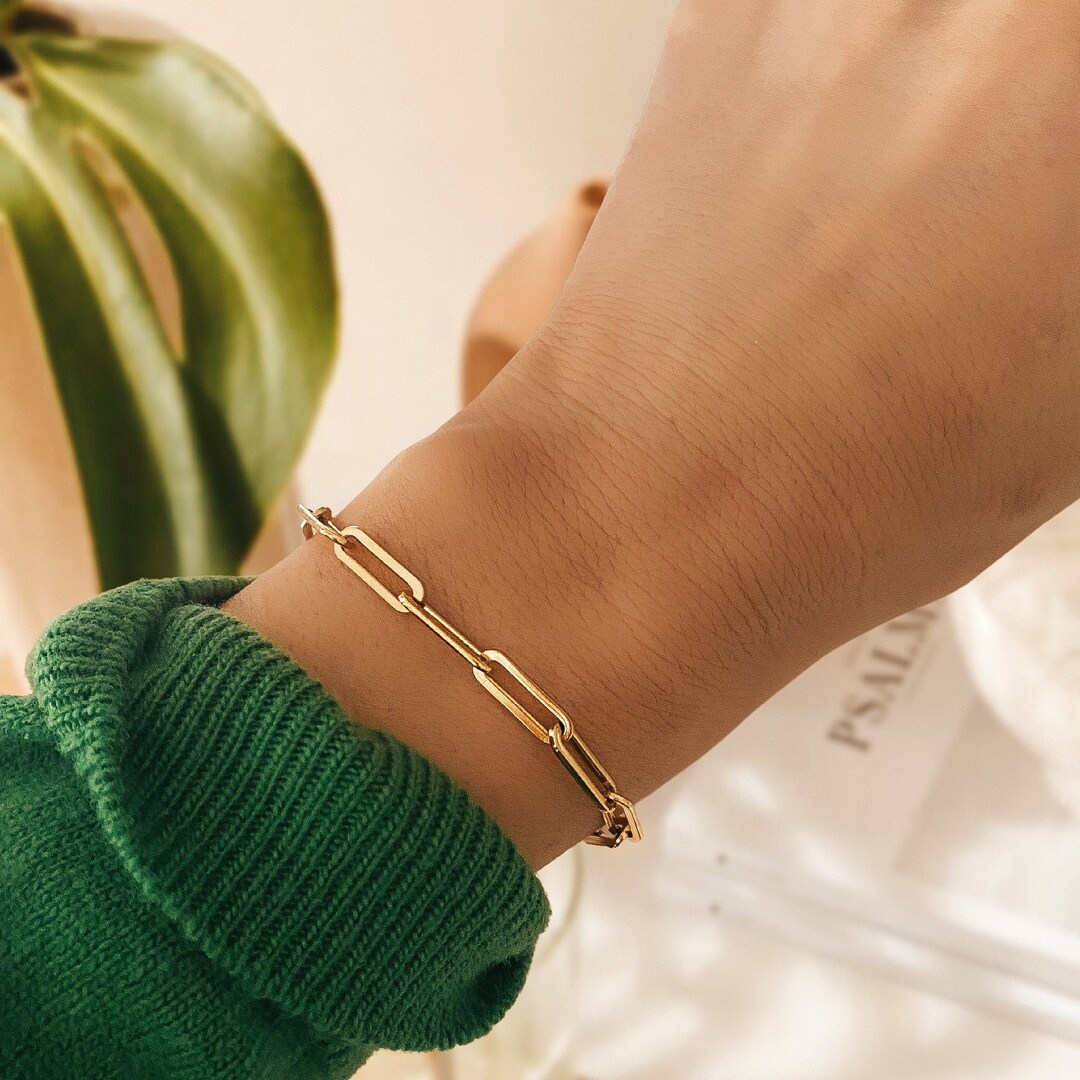 Gold Link Chain Bracelet Rectangle Paperclip Chain Bracelets Dainty ...