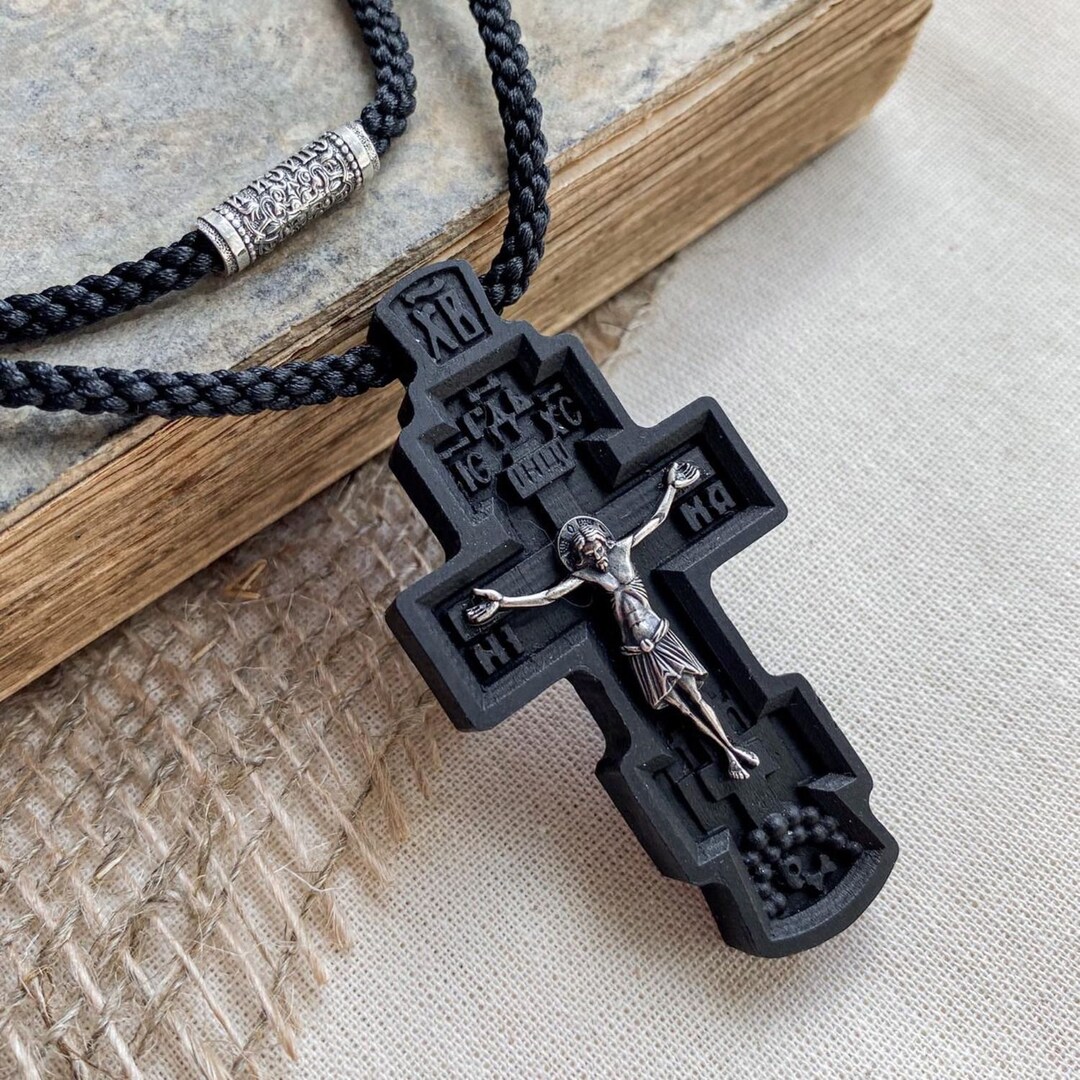 St. Nicholas Orthodox Cross Crucifixion of Christ Carved Ebony Silver ...
