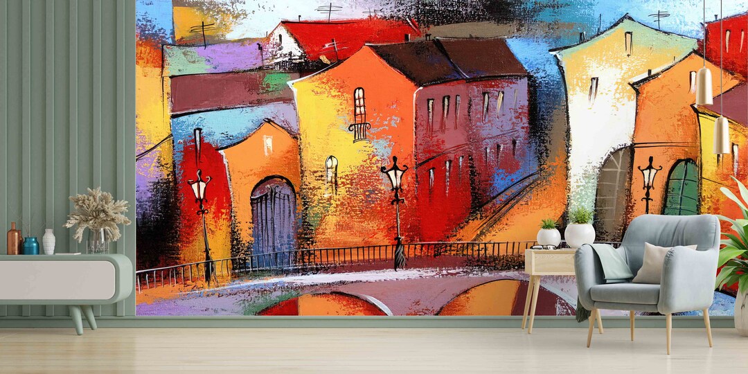 Colorful City Painting Wallpaper Abstract City Wall Decor - Etsy
