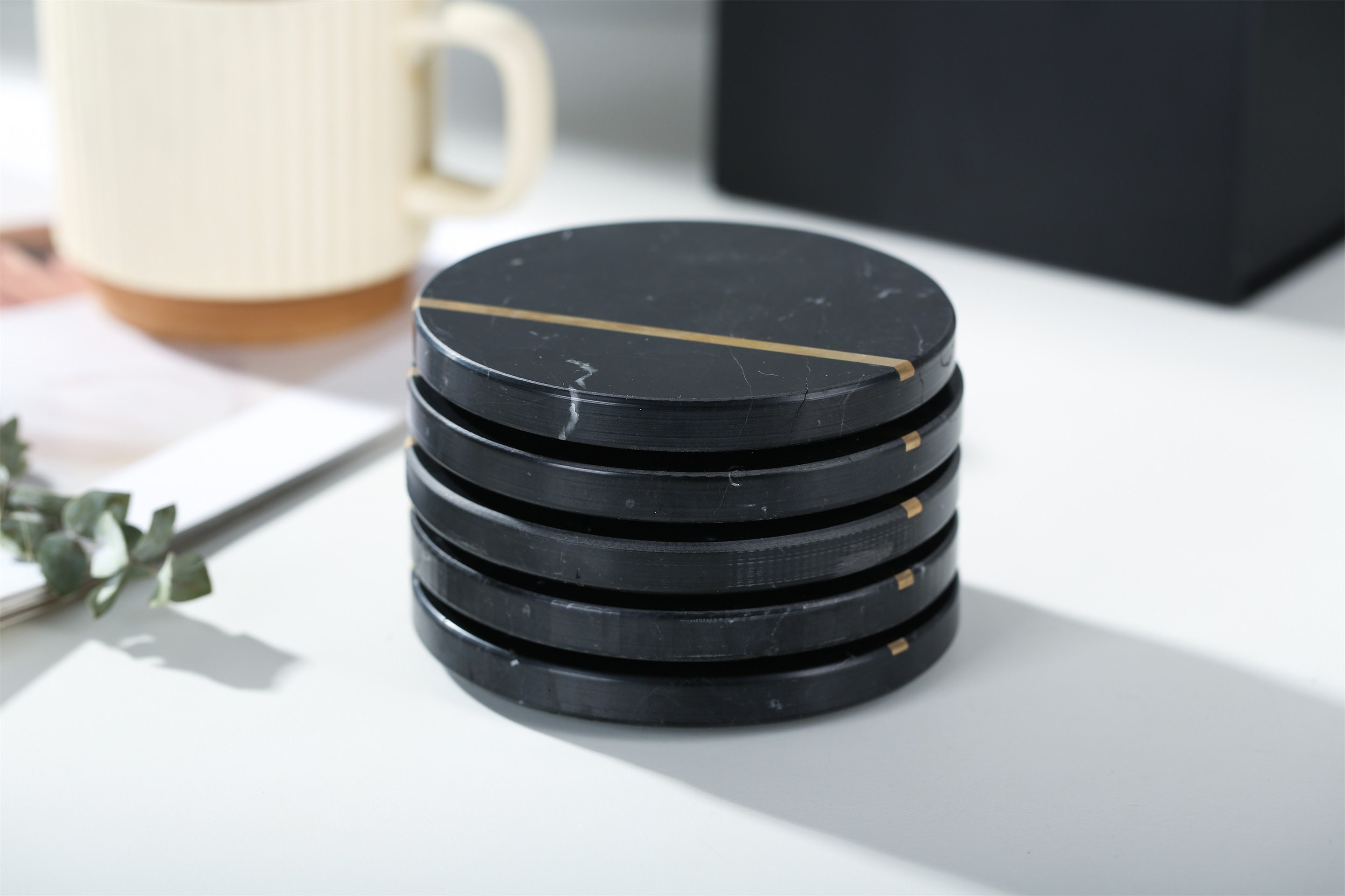 Elegant Black Marble Coasters Set of 5, Stylish Home Decor, Premium ...