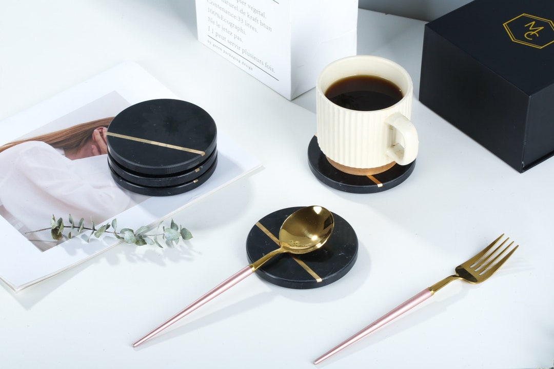 Elegant Black Marble Coasters Set of 5, Stylish Home Decor, Premium ...