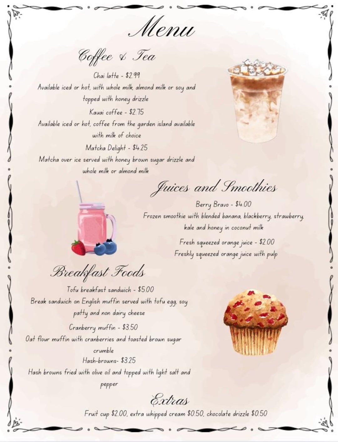 Cafe Menu Template, Editable Cafe and Restaurant Menu, Event Template ...