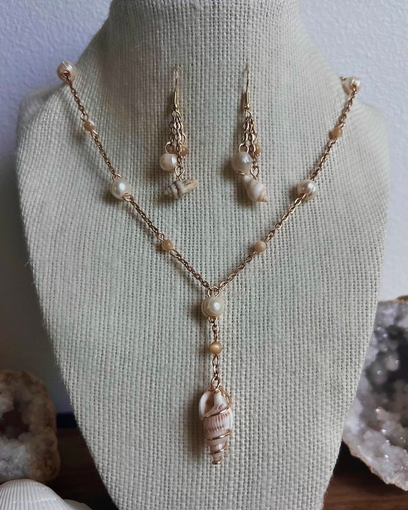 Handmade Athena Seashell Pearl Necklace and Earrings | Beachy Dainty ...