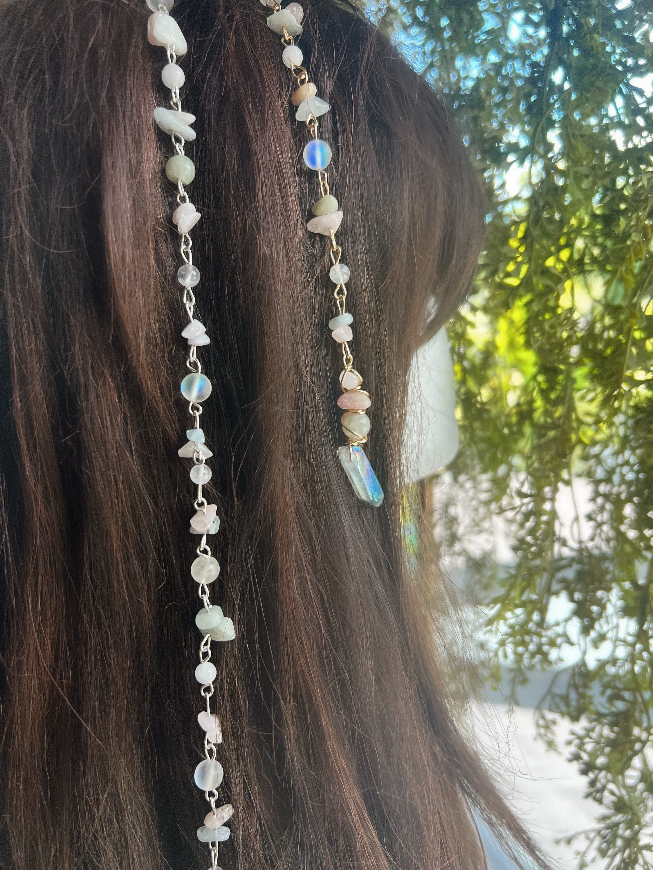 Handmade Crystal Hair Bead | Agate, Aura Quartz, and Moon Stone | Hair ...